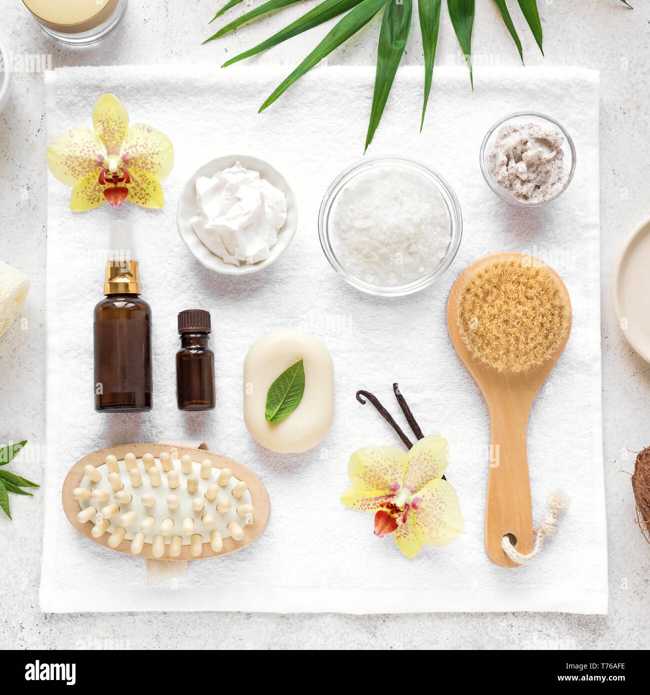 Spa Composition, set, flat lay. Natural spa cosmetics and organic ...