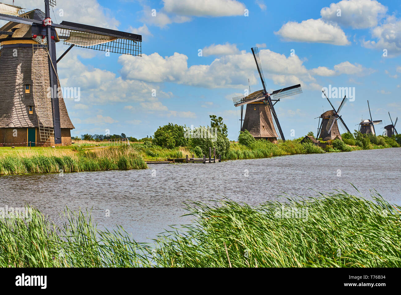 Netherlands rural lanscape with windmills at famous tourist site ...