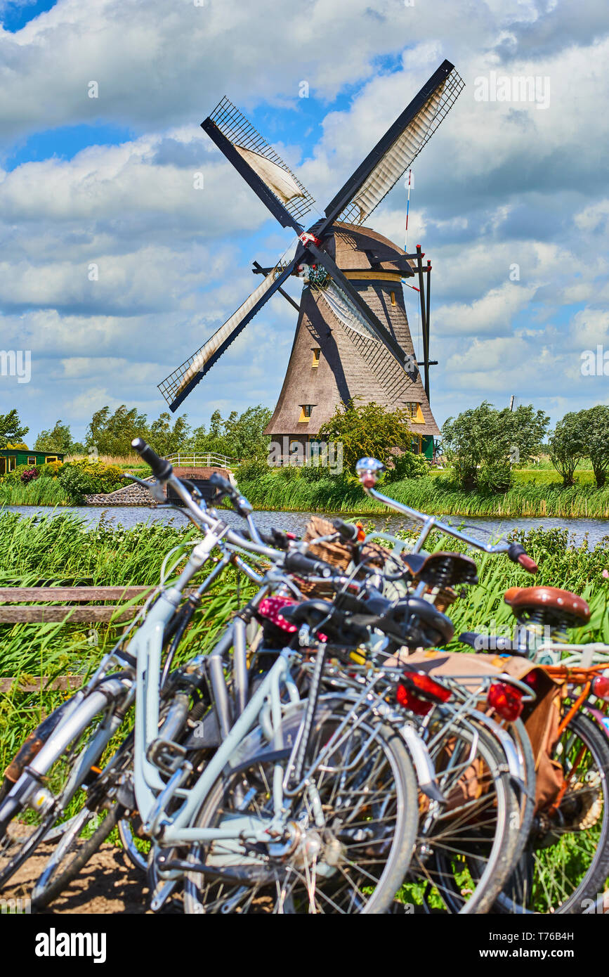 Netherlands rural lanscape with windmills at famous tourist site ...