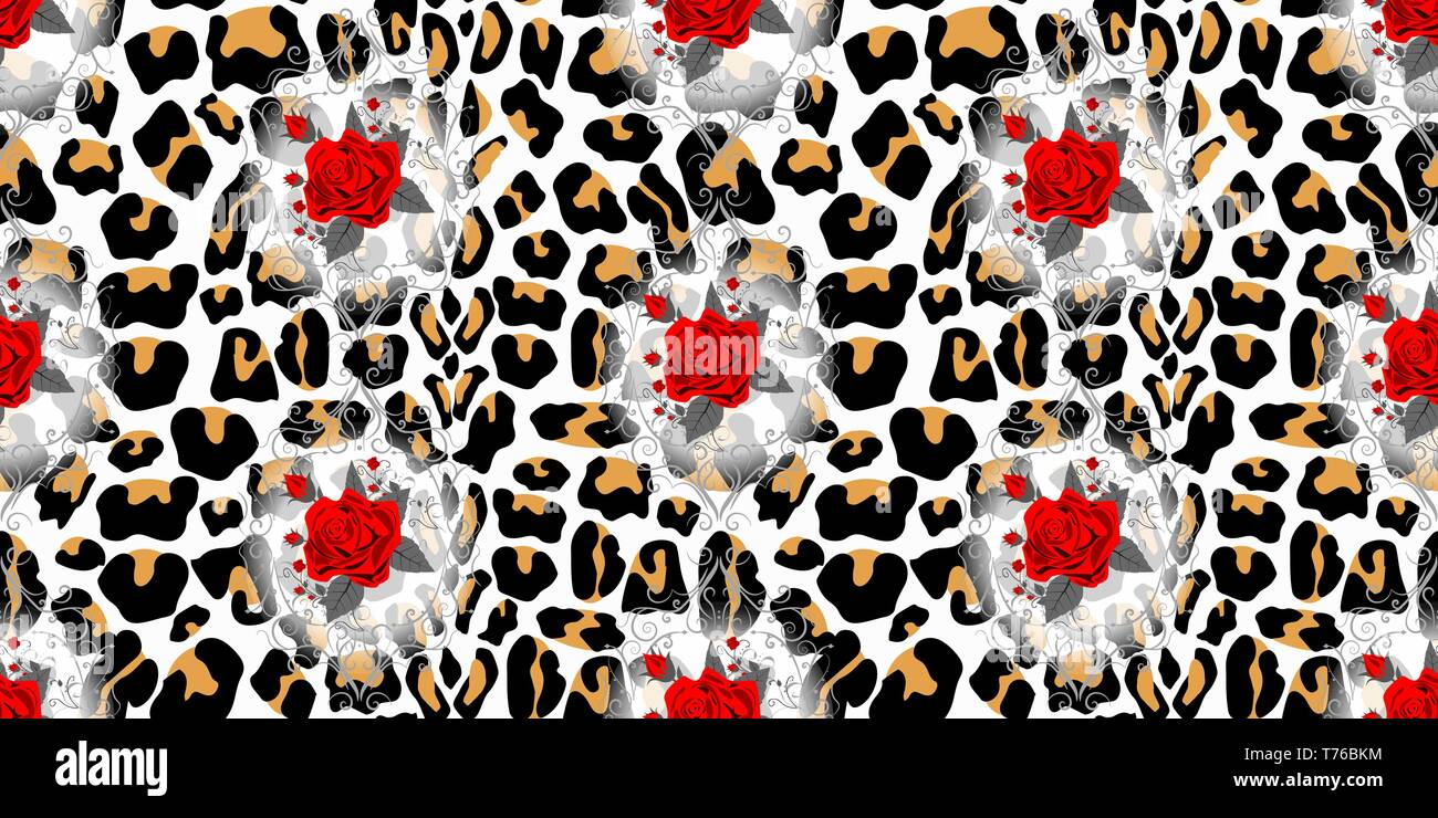 Seamless pattern with flower of roses on leopard skin background eps 10 ...