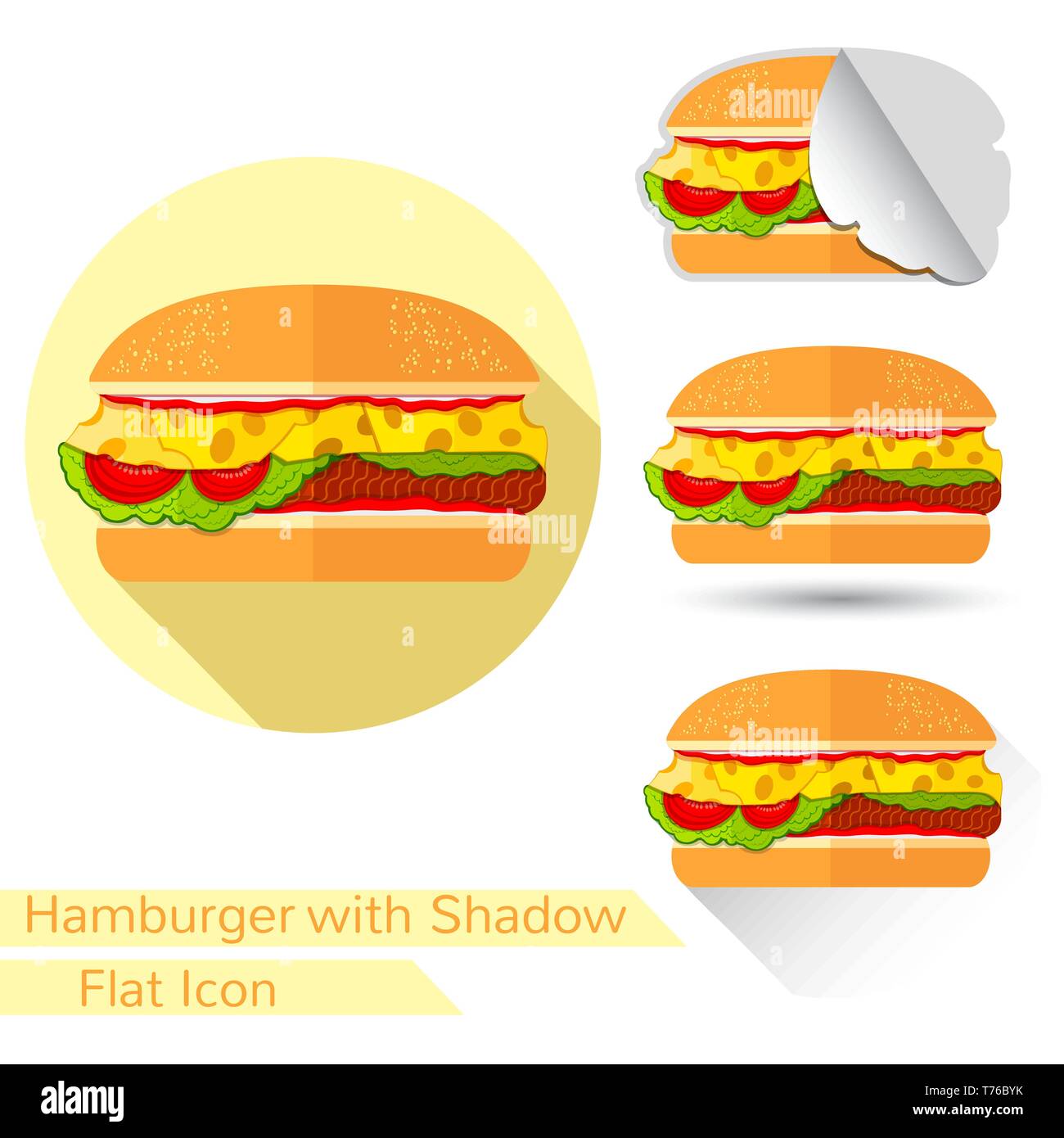 flat hamburger with chees tomato on white with oval long shadow and ...