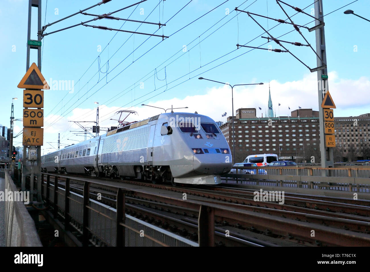 An X2000 SJ Train, into the Central train station, Stockholm City ...