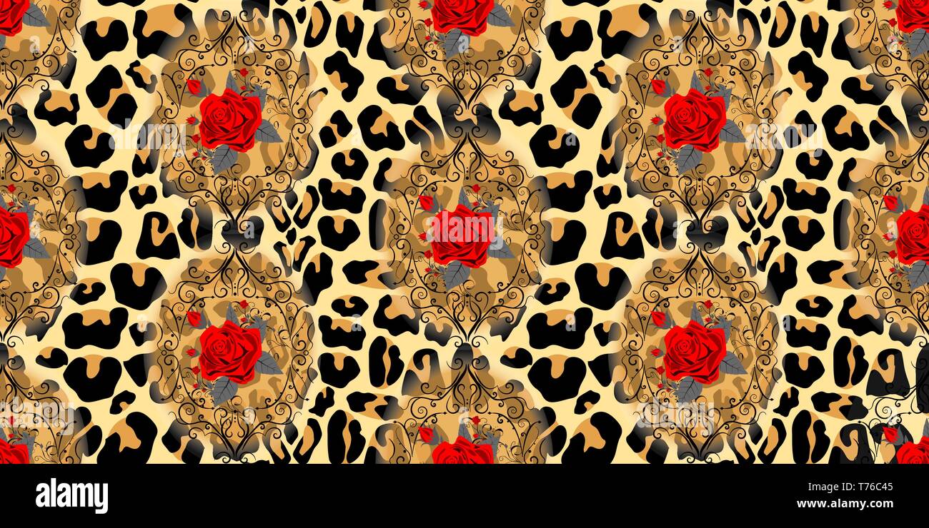 Seamless pattern with flower of roses on leopard skin background eps 10 ...