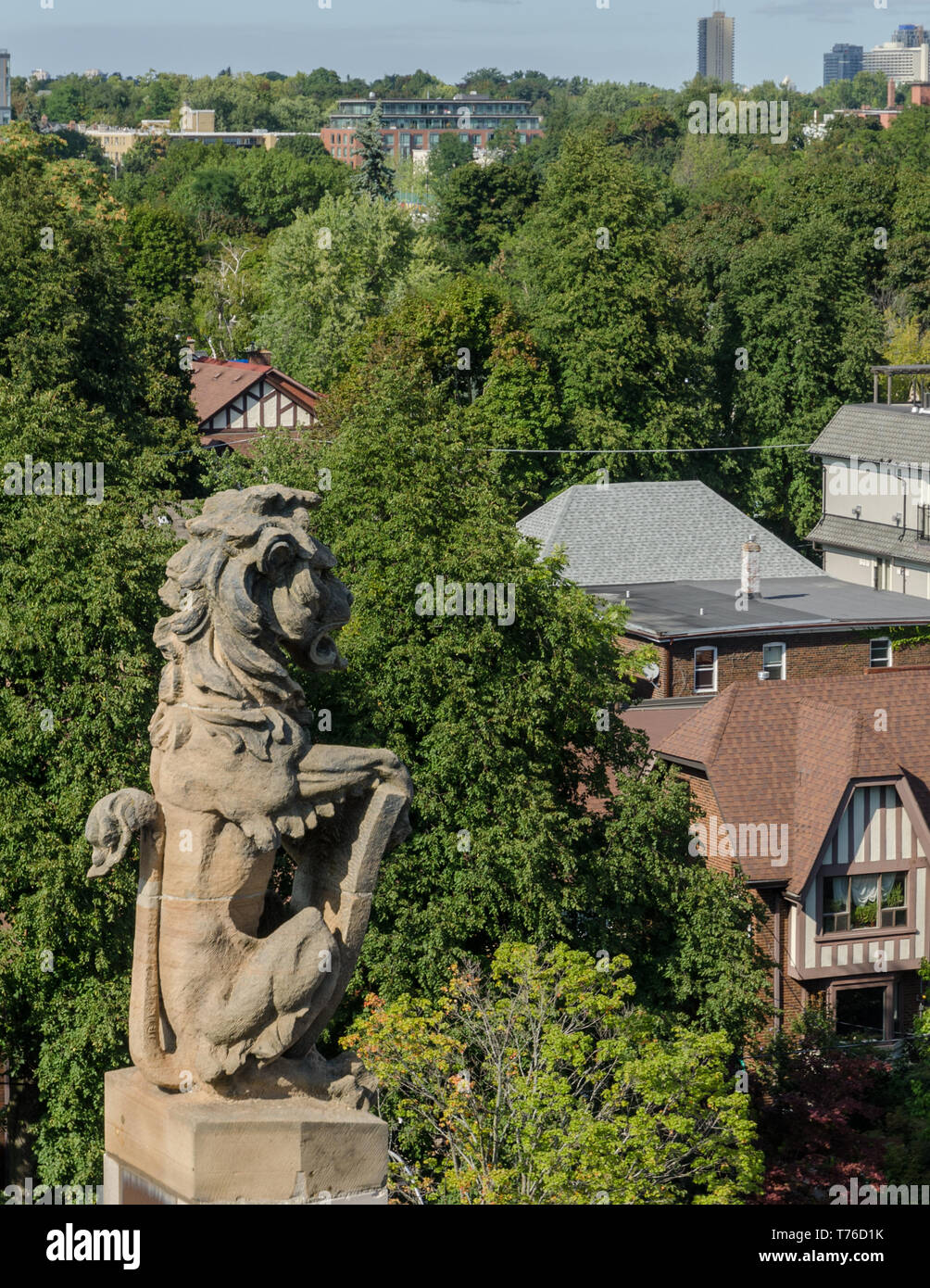 A lion statue guarding the Casa Loma castle in midtown Toronto, Ontario ...