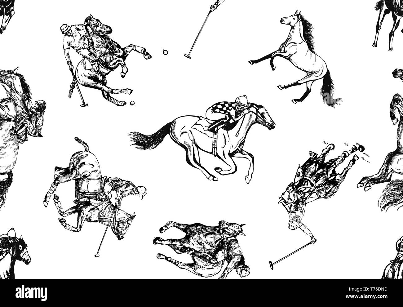 Seamless pattern of hand drawn sketch style abstract polo players ...