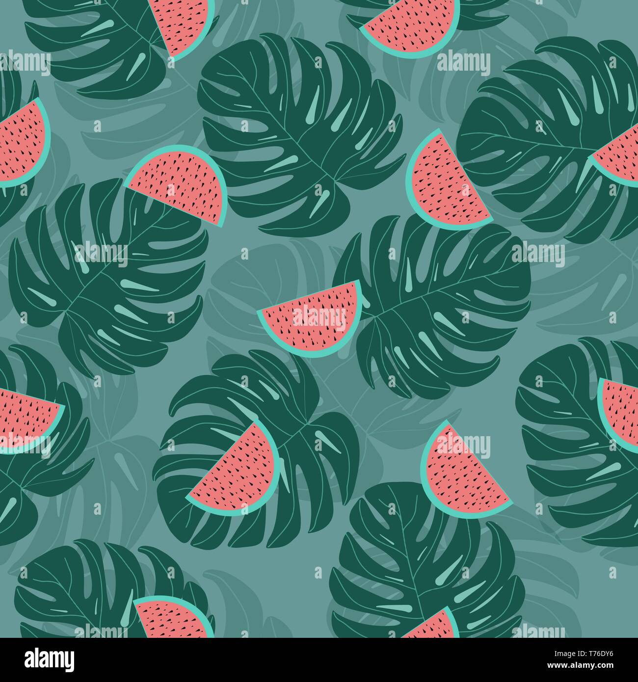 vector seamless pattern with pink watermelon palm leaf watermelon on a ...