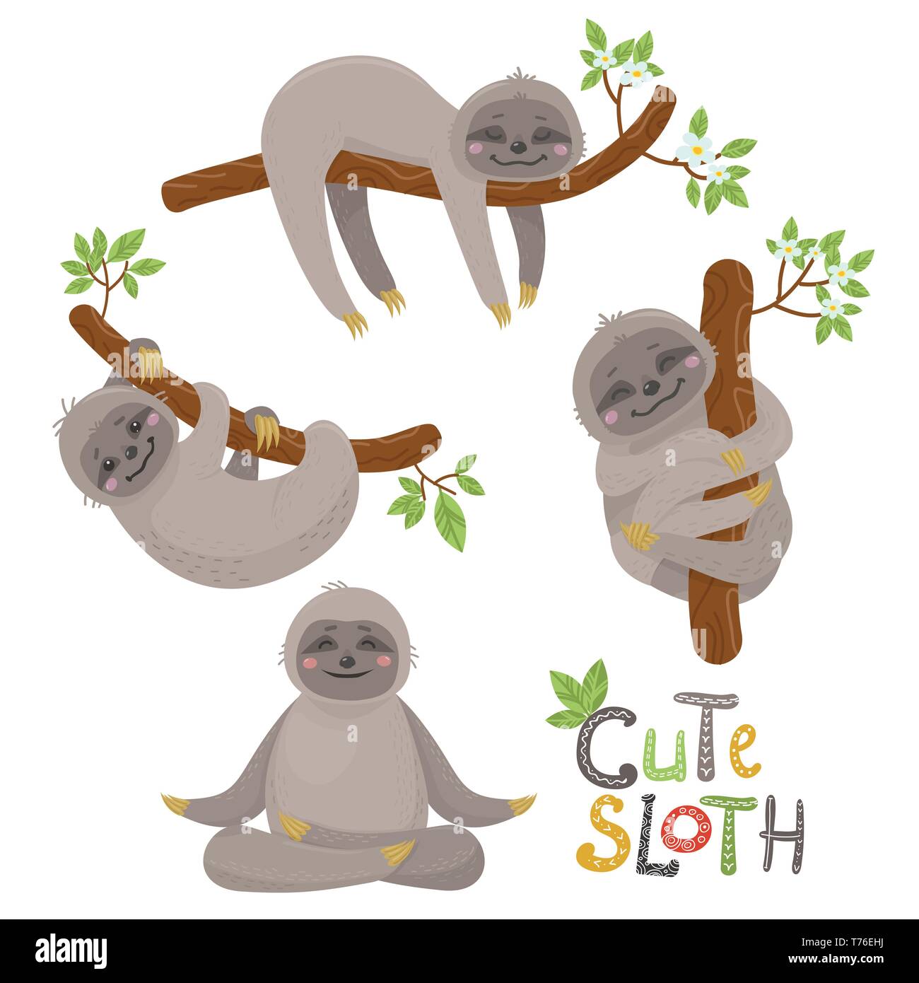 Set of cute sloths character in various positions. Vector illustration ...