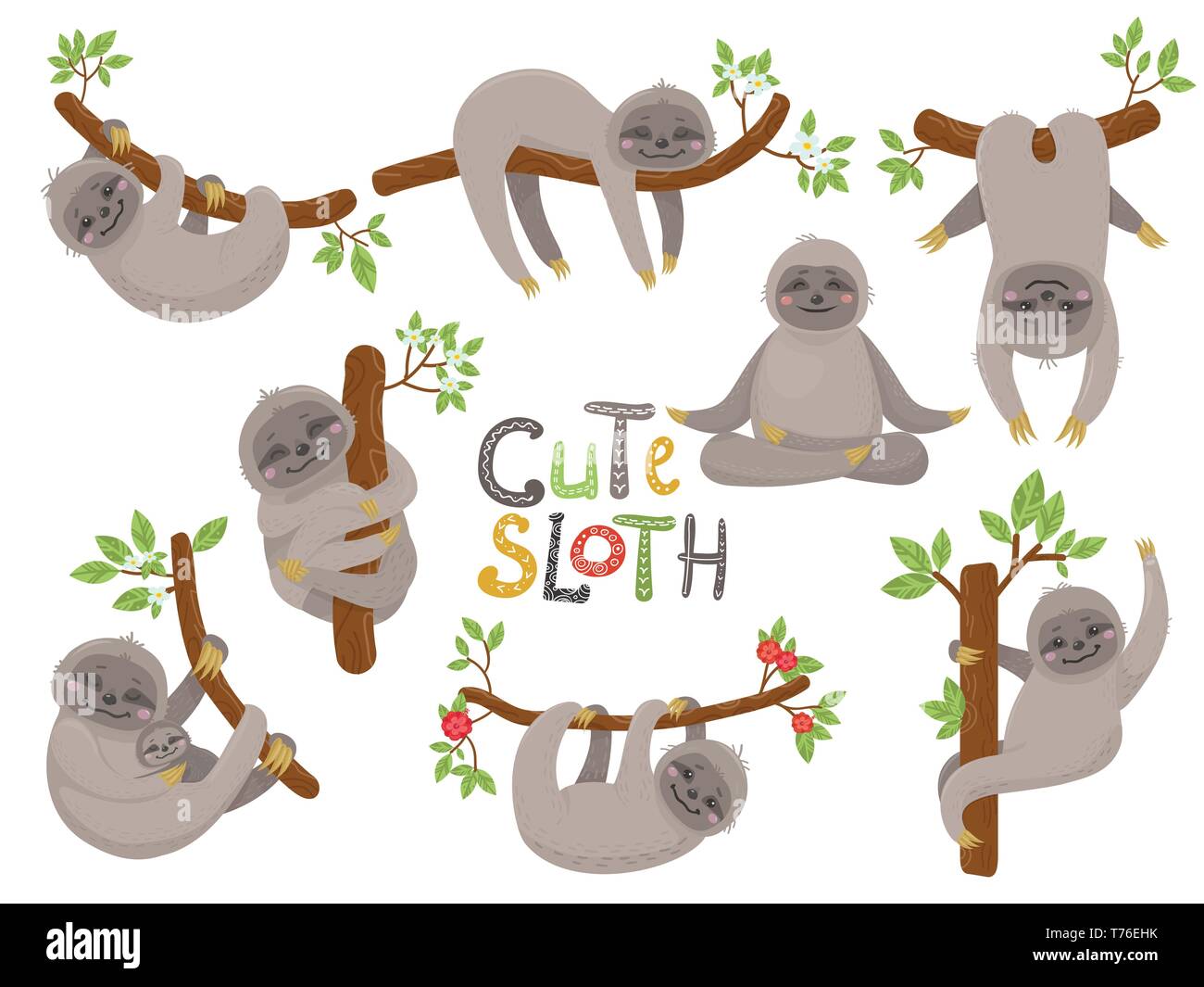 Big set of cute sloths character in various positions. Vector ...