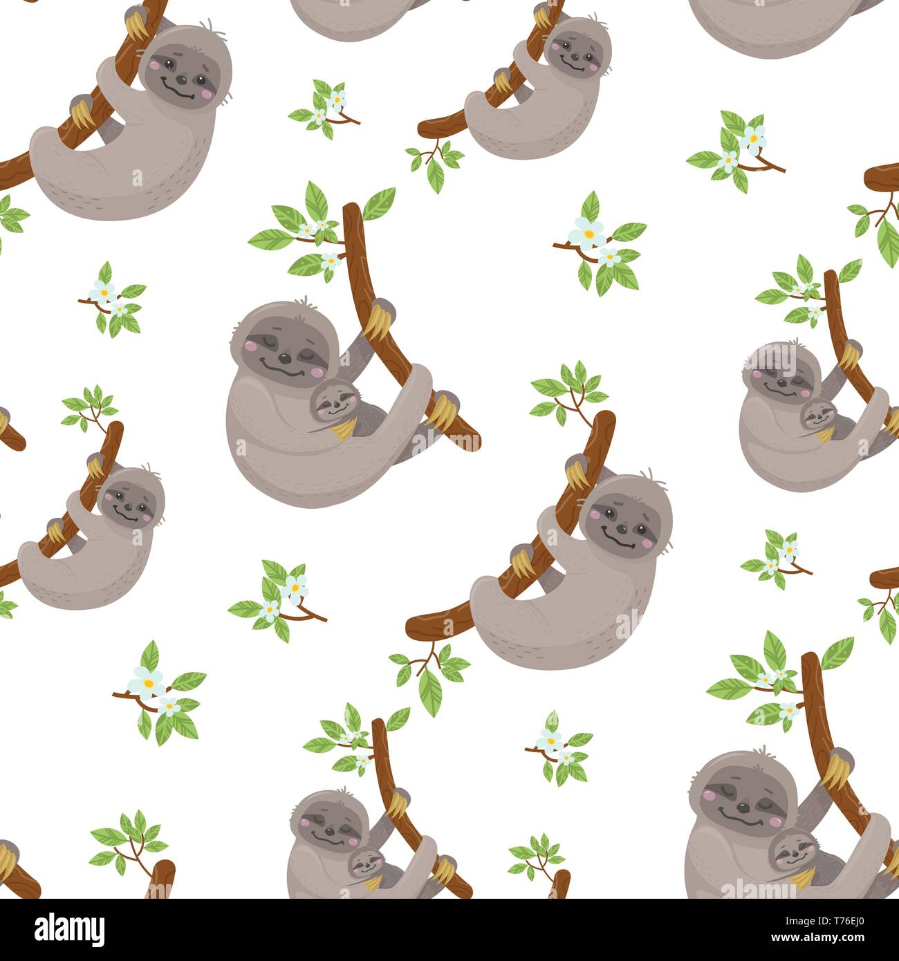 Seamless pattern with cute sloths on tropical lianas branches. Vector illustration for your ...