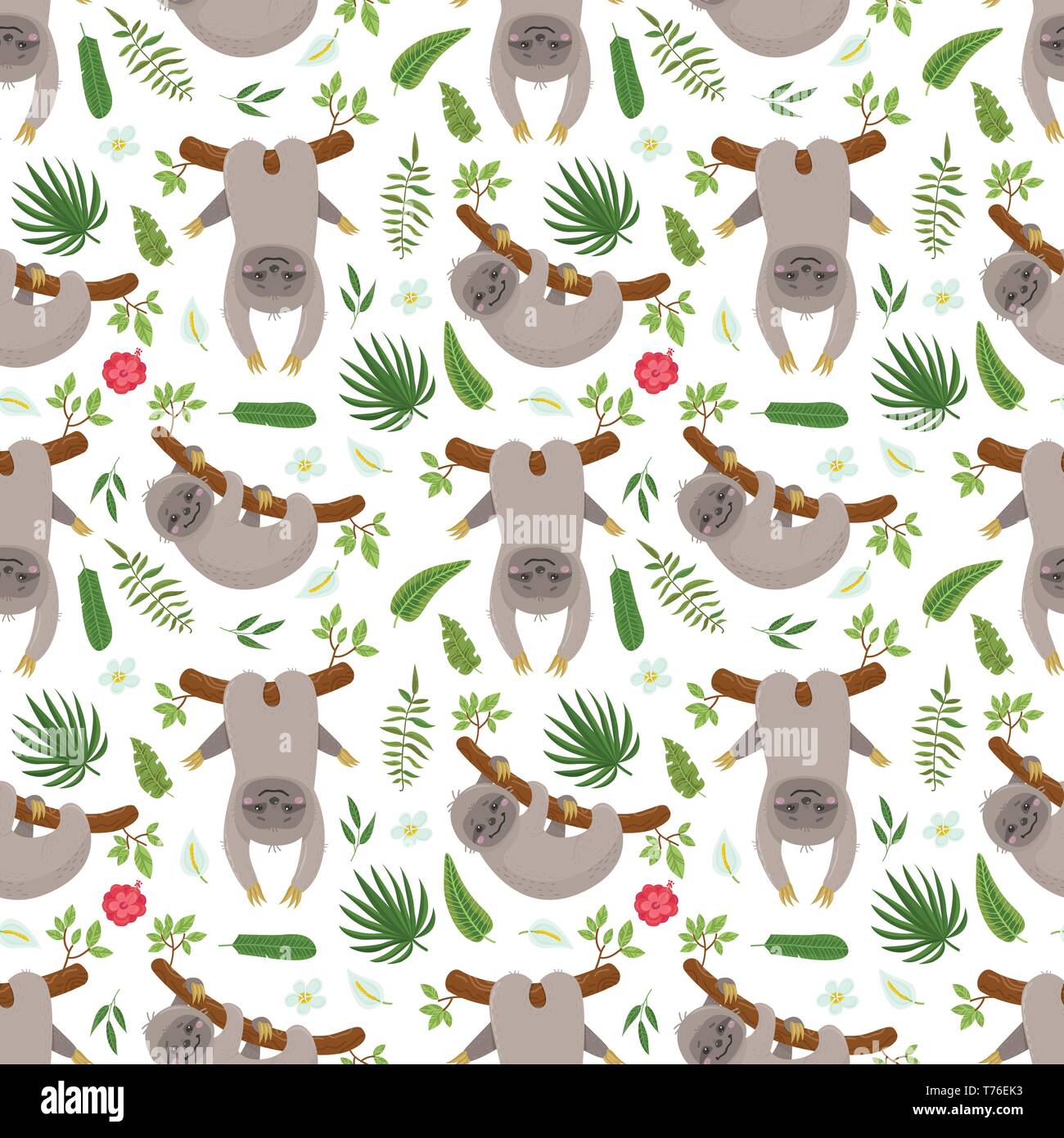 Seamless pattern with cute sloths sleeping on tropical lianas branches ...