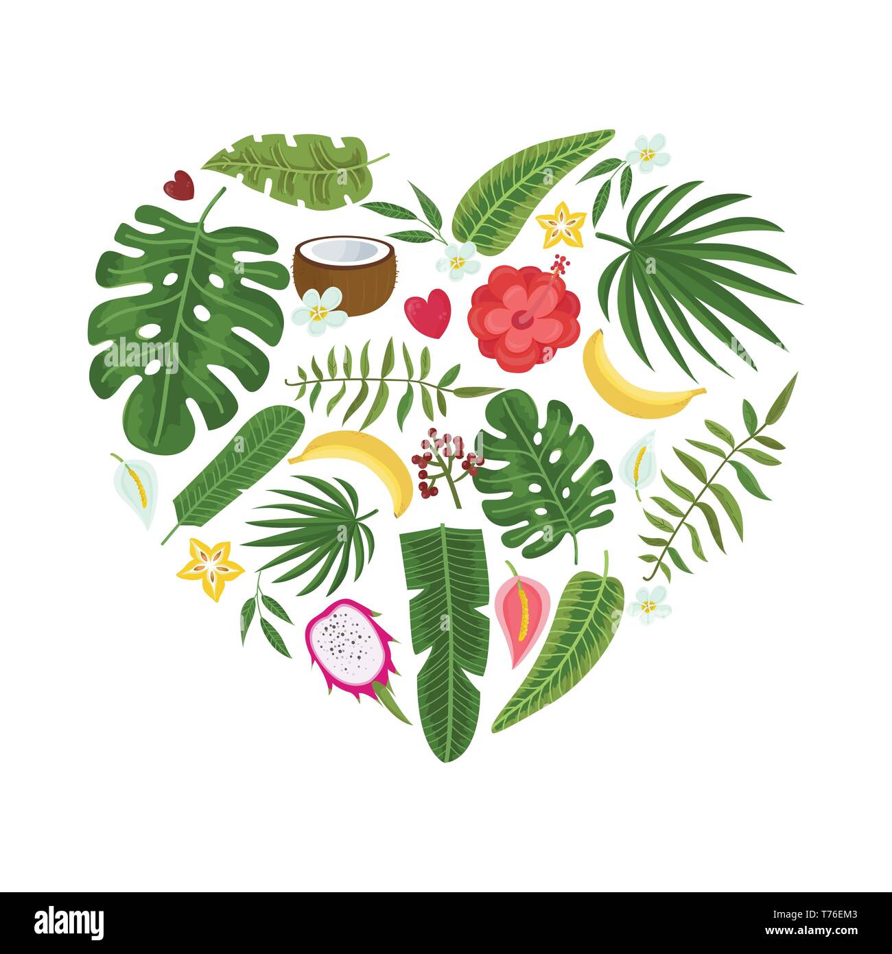 Bright heart of colorful tropical leaves and flowers. Concept of the ...