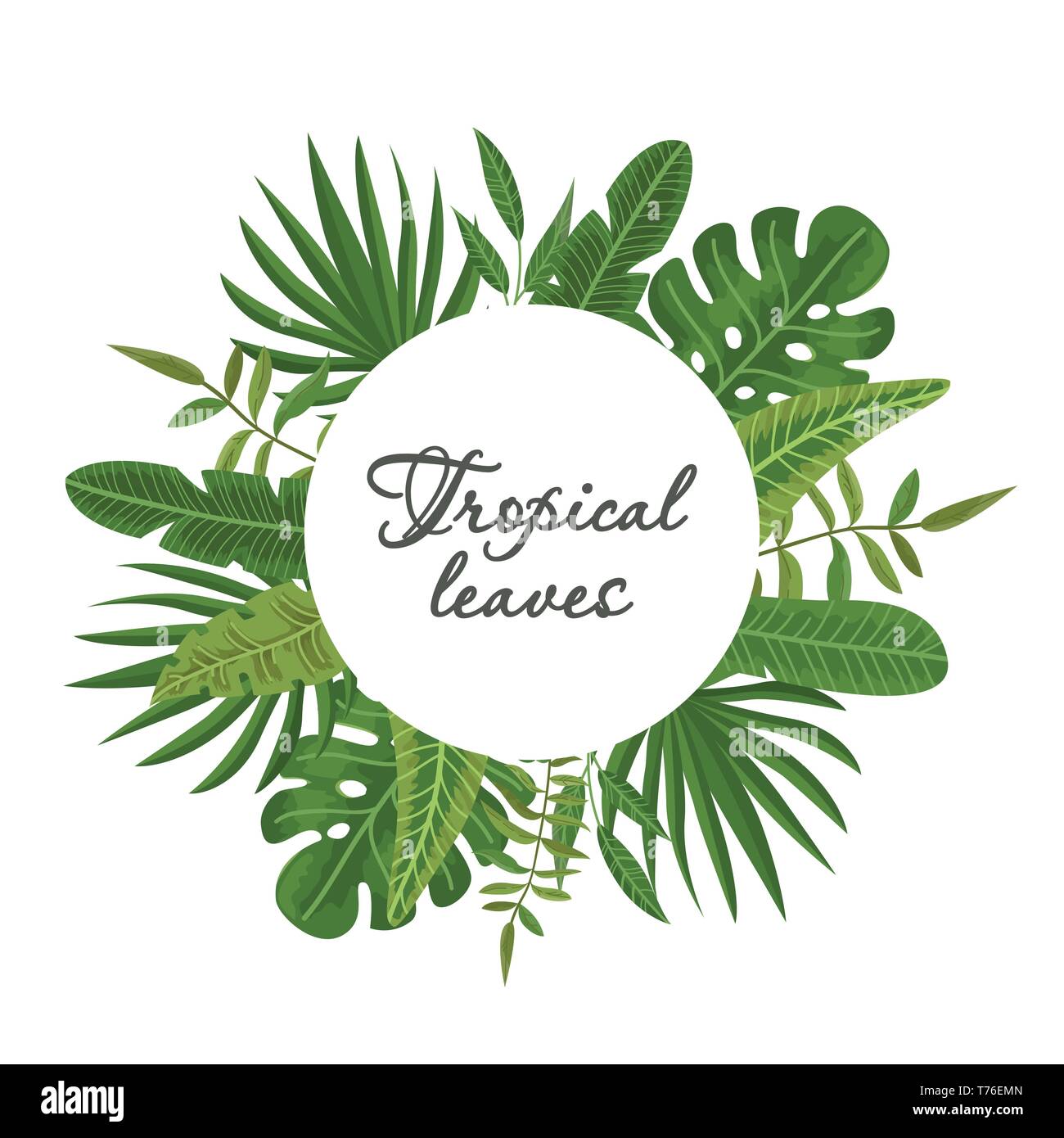Bright wreath of colorful tropical leaves and flowersConcept of the ...