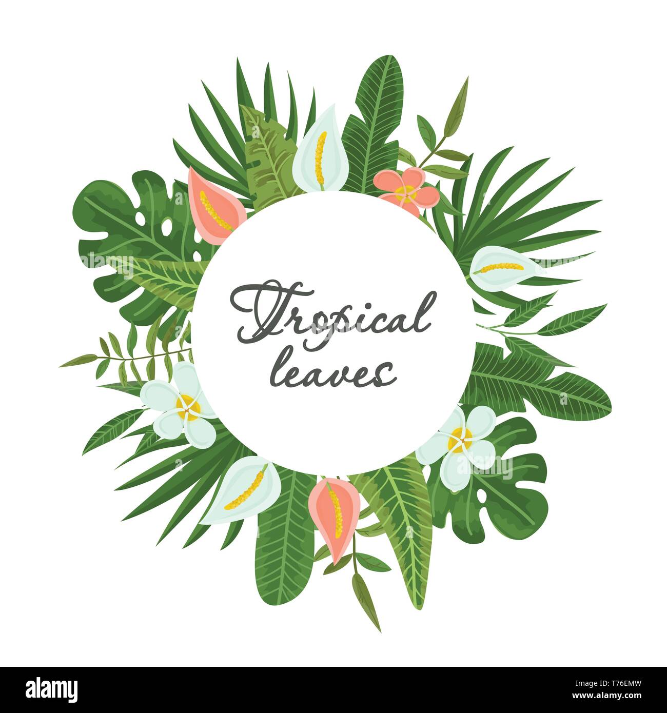 Bright wreath of colorful tropical leaves and flowersConcept of the ...