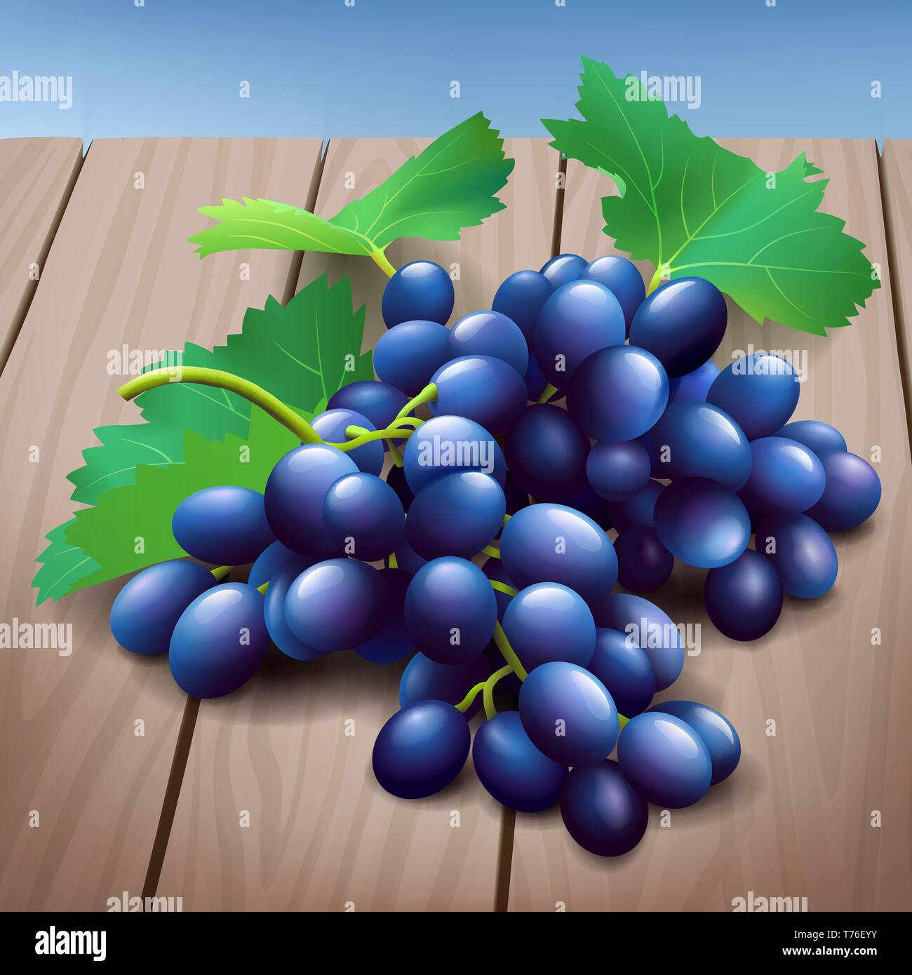 Realistic purple grapes bunch with green leaves on wooden texture Stock ...