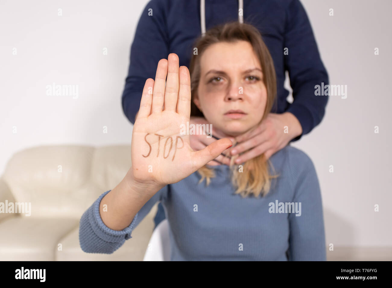 People, domestic violence and abuse concept - Woman shows stop abusing ...