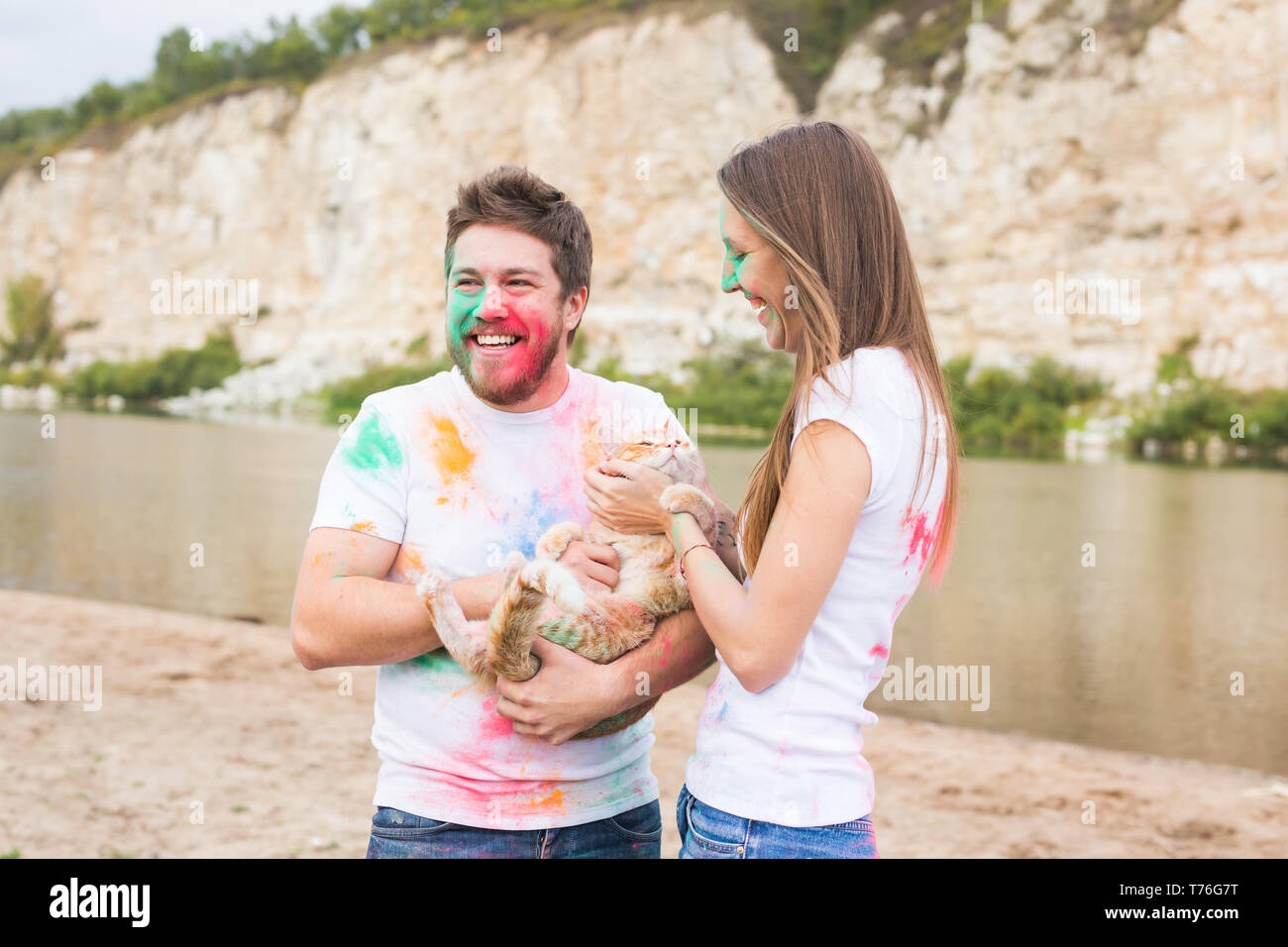 Pet, summer tourism, festival holi and nature concept - funny man and ...