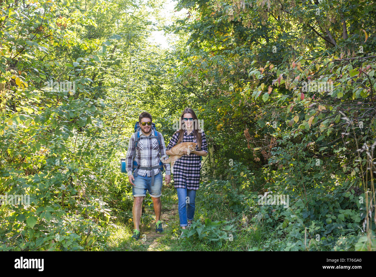Travel, adventures, hike, tourism and nature concept - Tourist couple ...