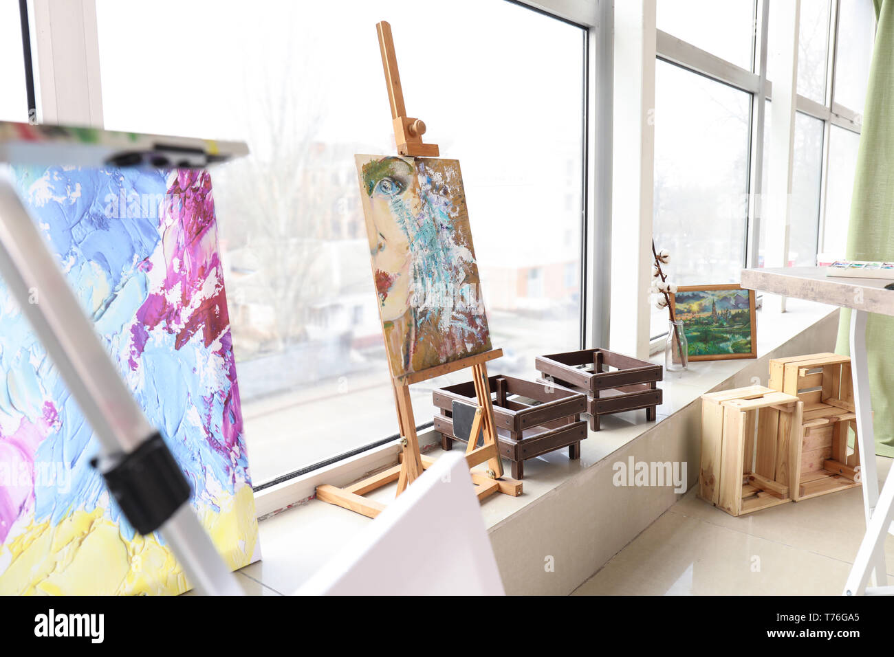 Interior of artist's workshop with pictures Stock Photo - Alamy
