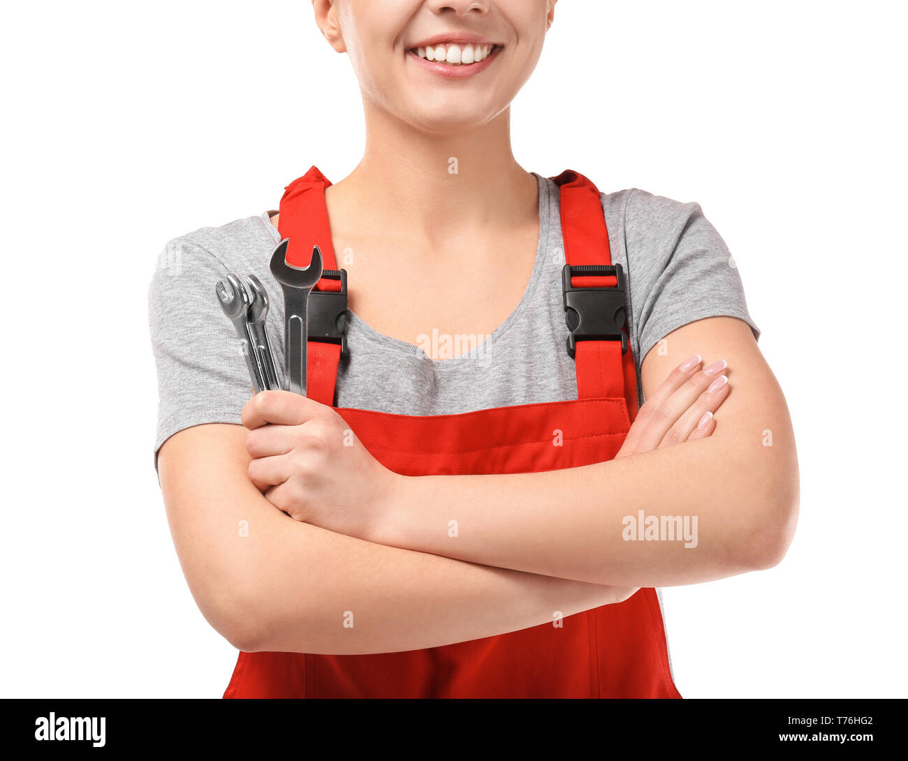 Female car mechanic with tools on white background, closeup Stock Photo ...