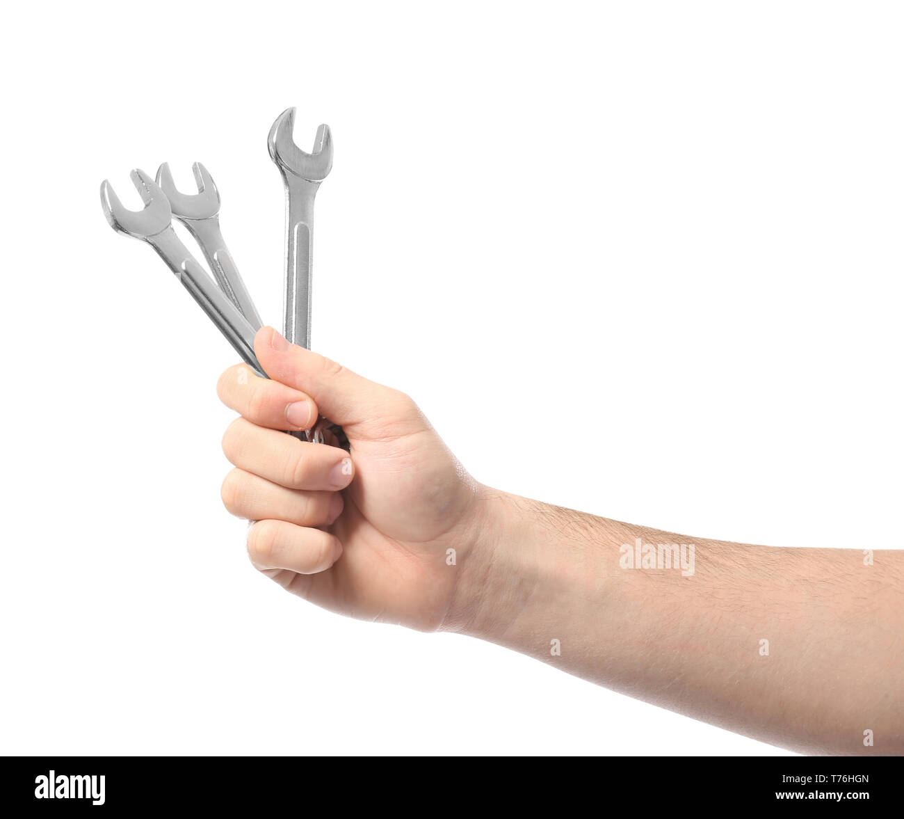 Hand of male car mechanic with wrenches on white background Stock Photo ...