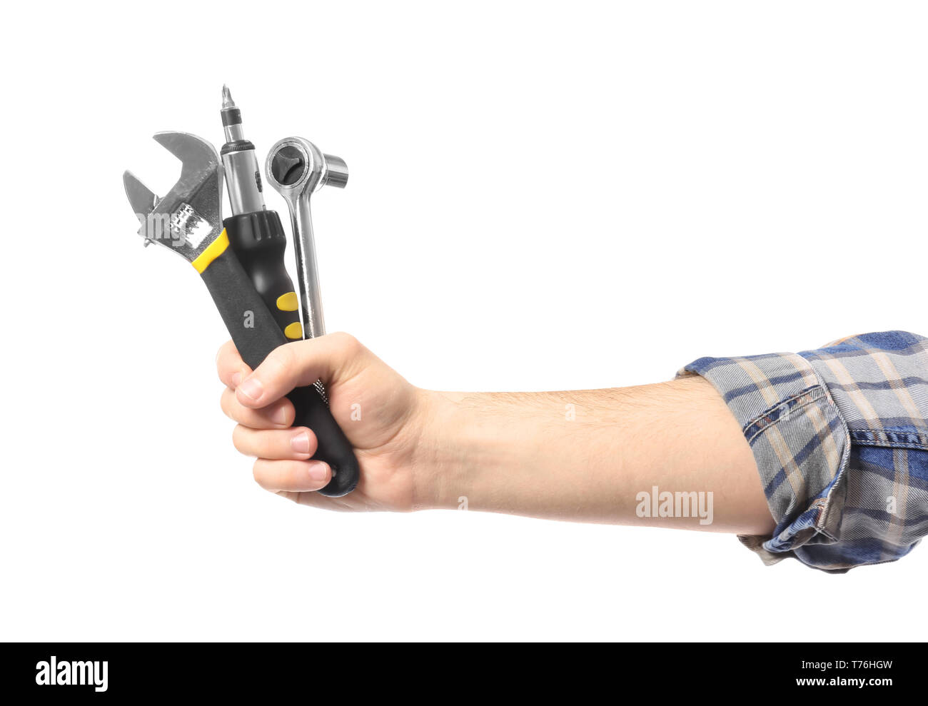Hand of male car mechanic with tools on white background Stock Photo ...