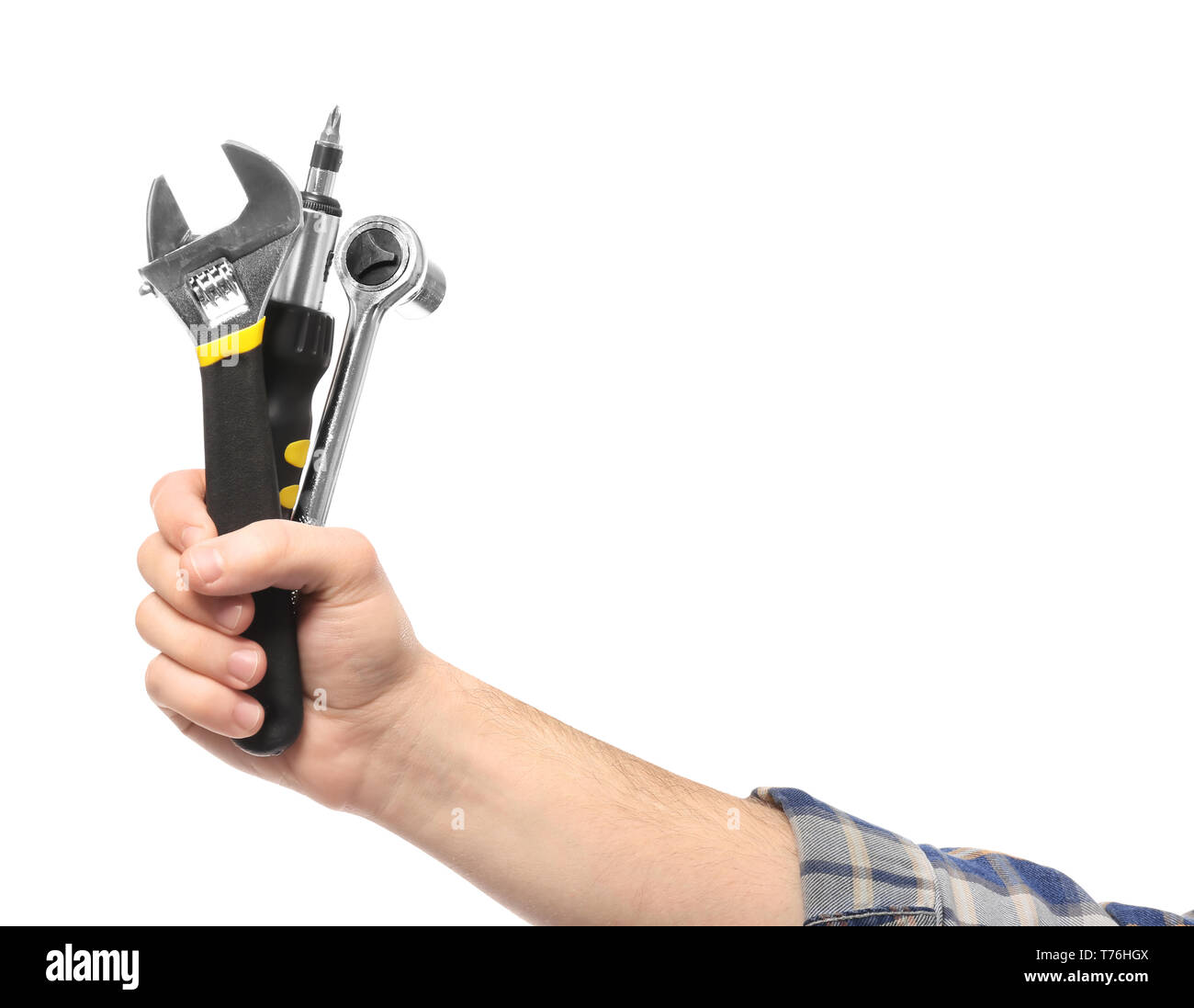 Hand of male car mechanic with tools on white background Stock Photo ...