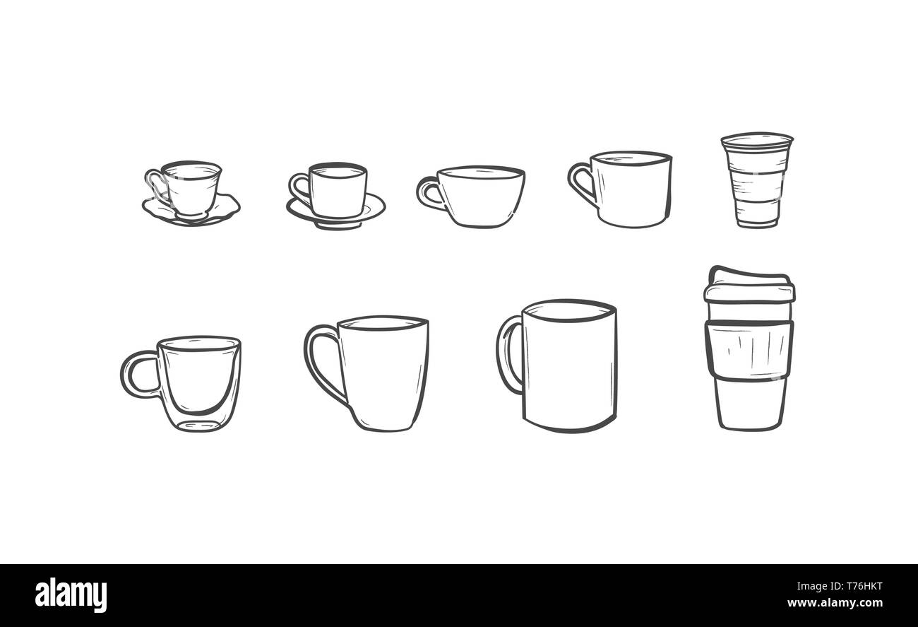 Cup and mug set. Isolated vector illustration. Line drawing. Hot drinks ...