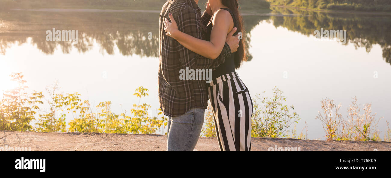 People, love and nature concept - Close up of young beautiful couple ...