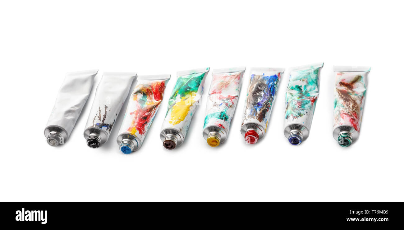 Tubes with color paints on white background Stock Photo - Alamy