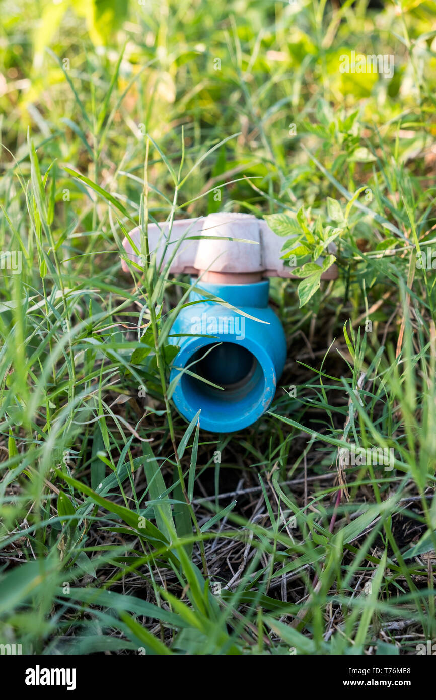Rural blue water pipe close in grass Stock Photo - Alamy