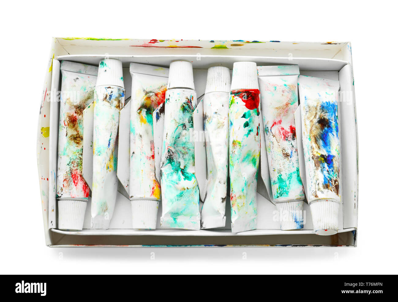 Tubes with color paints in box on white background Stock Photo - Alamy