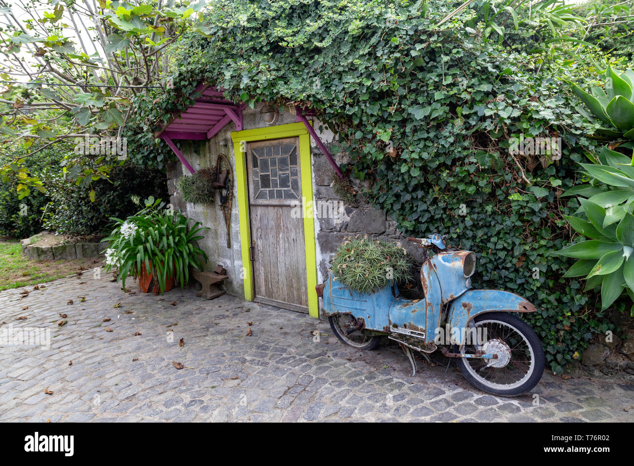 An old blue motorcycle in front of a yellow door in the Azores Stock ...
