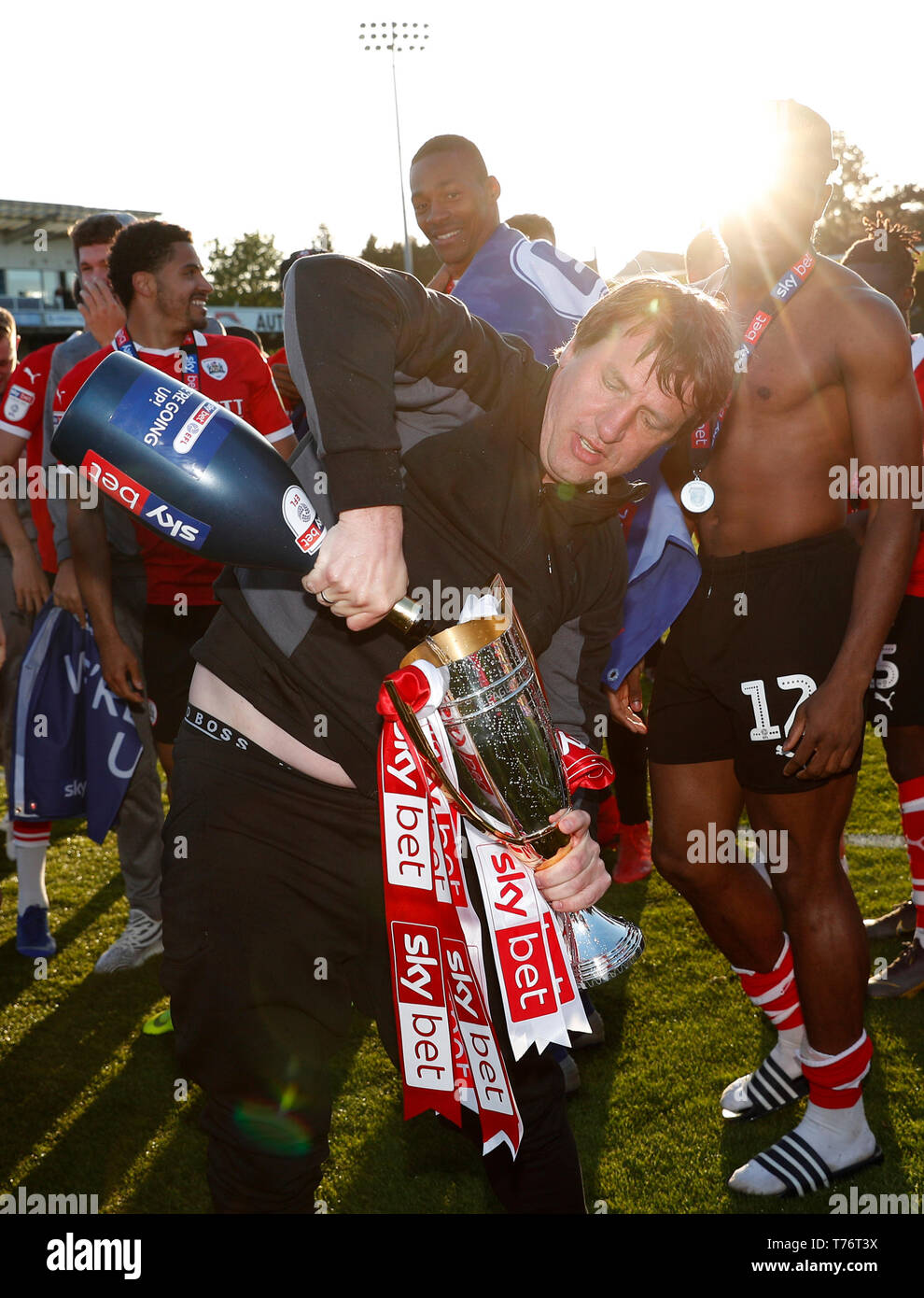 Barnsley's manager Daniel Stendel celebrates promotion after the Sky ...