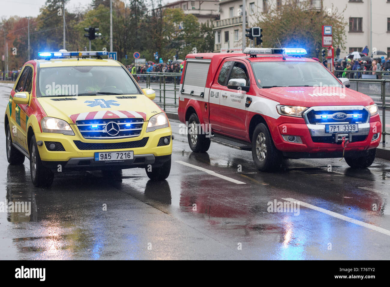 European street, Prague-October 28, 2018: Paramedics and fire brigade ...