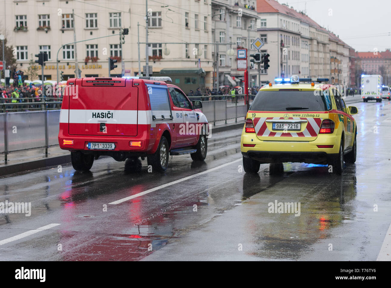 European street, Prague-October 28, 2018: Paramedics and fire brigade ...