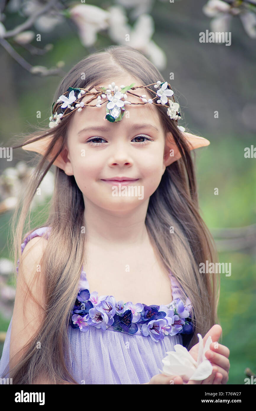 fairy tale girl. Portrait of mystic elf child. Cosplay character. Portrait of an elf in a ...