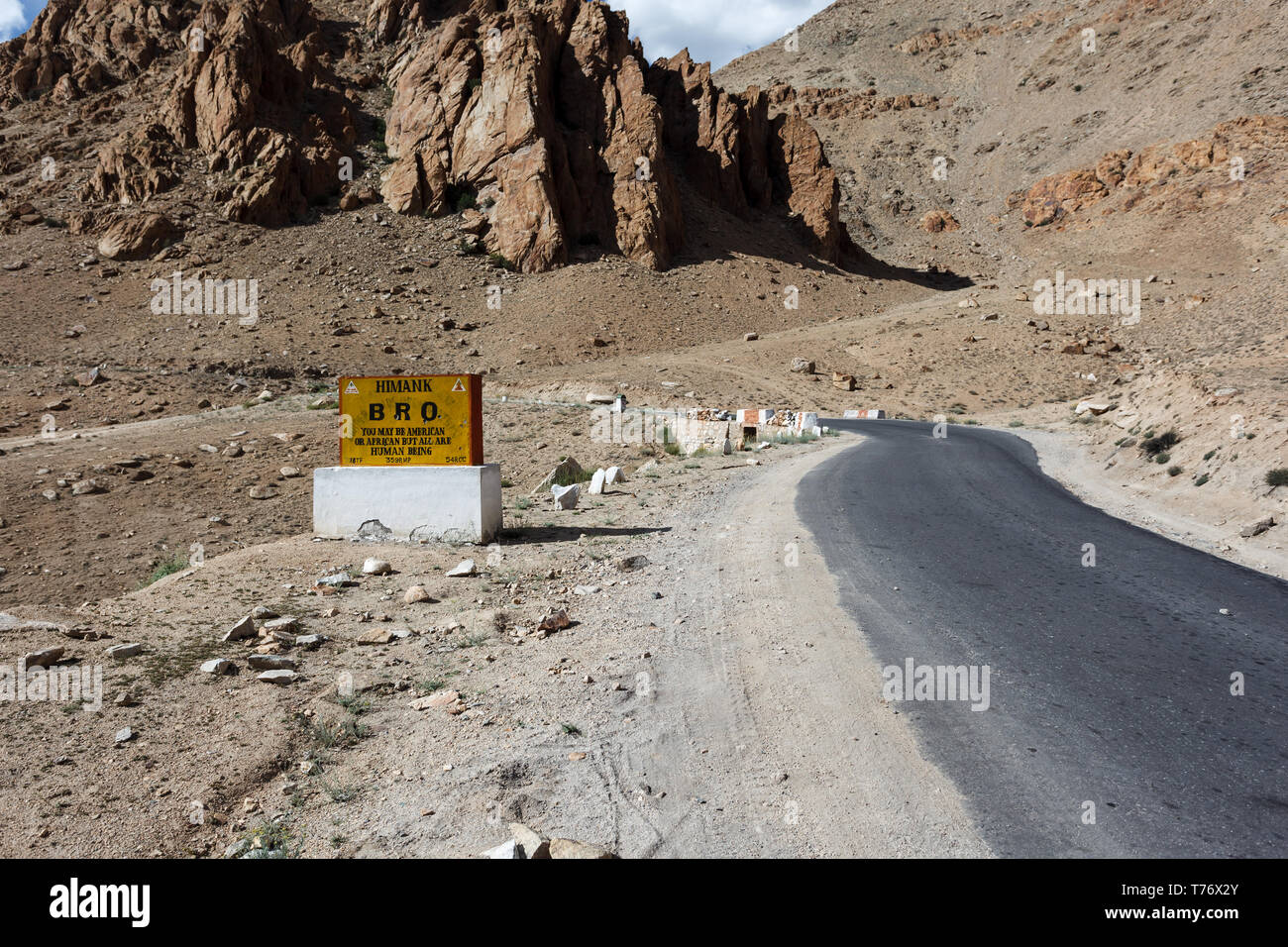 Roadside traffic sign on mountain pass between Jammu and Kashmir on a ...