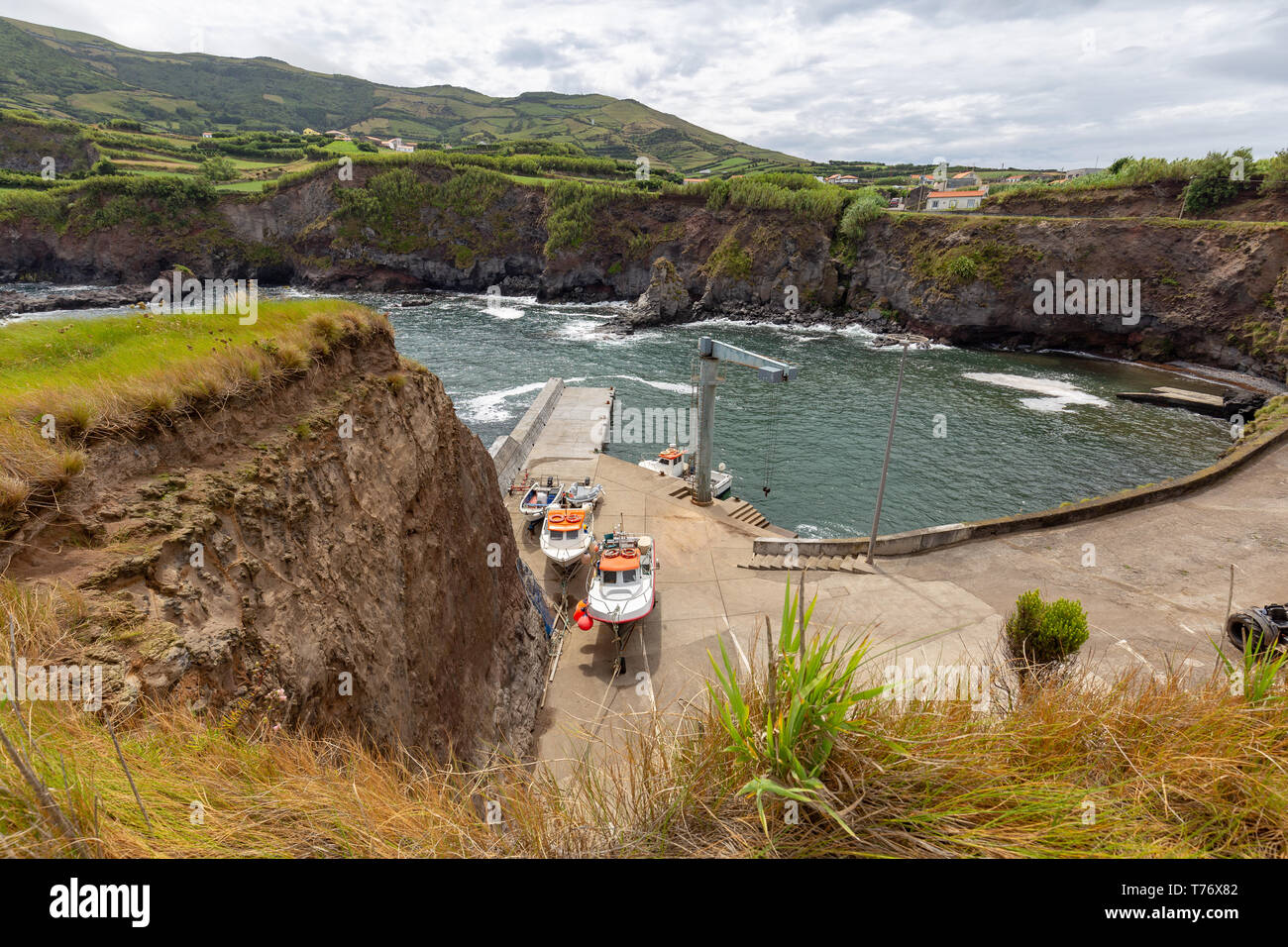 Boats docked in Ponta Delgada on the island of Flores in the Azores ...