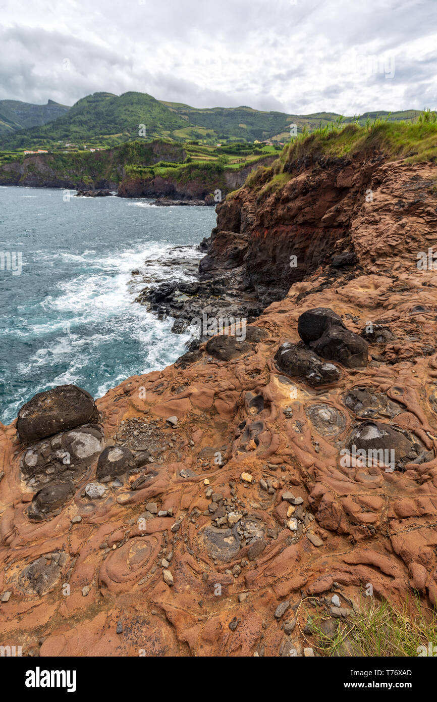 Interesting lava rocks on the cliffs below Ponta Delgada on the island ...