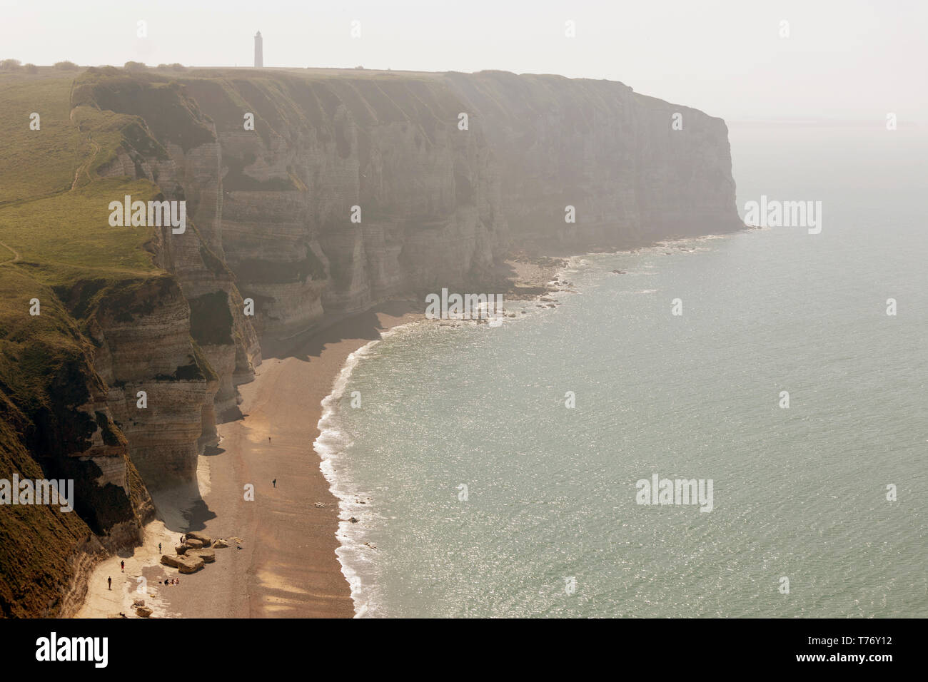 France, Normandy, Etretat: white chalk cliffs and lighthouse above ...