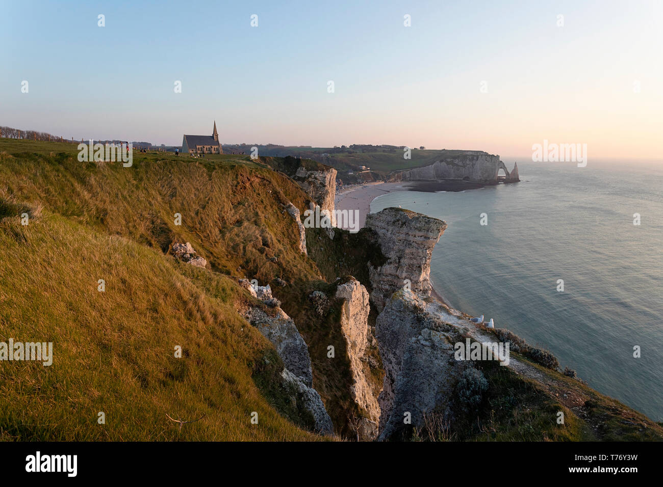 Cliff tops at Etretat, Normandy France and chapel of Notre Dame de la ...