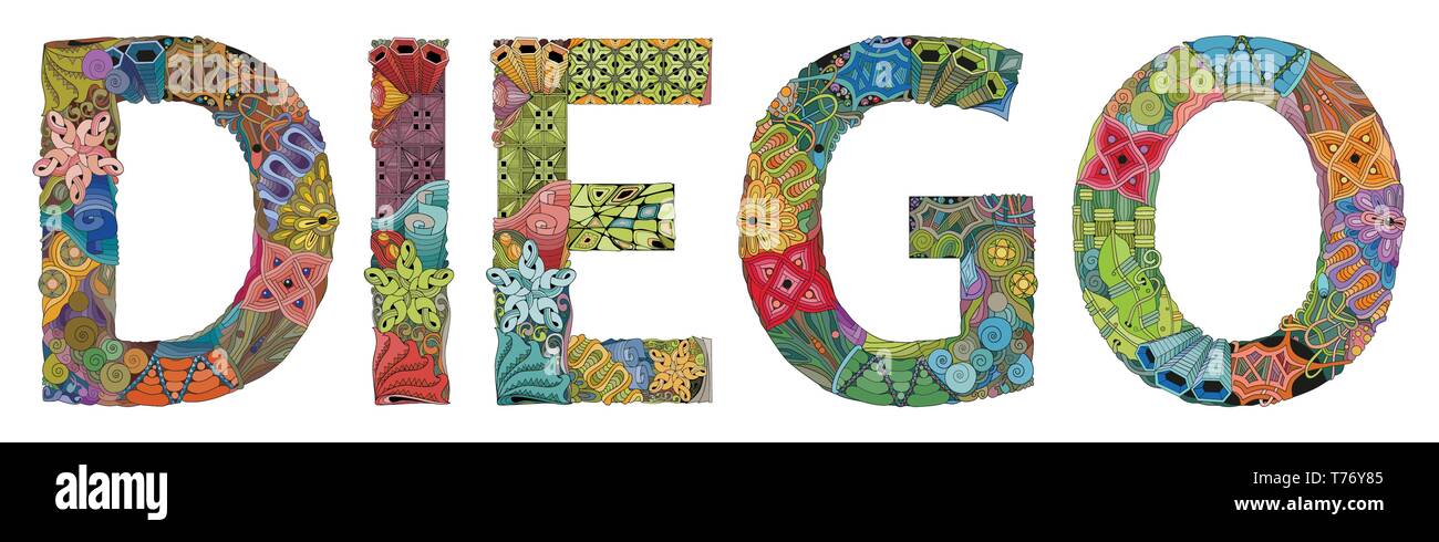 Hand-painted art design. Hand drawn illustration male name DIEGO for t ...