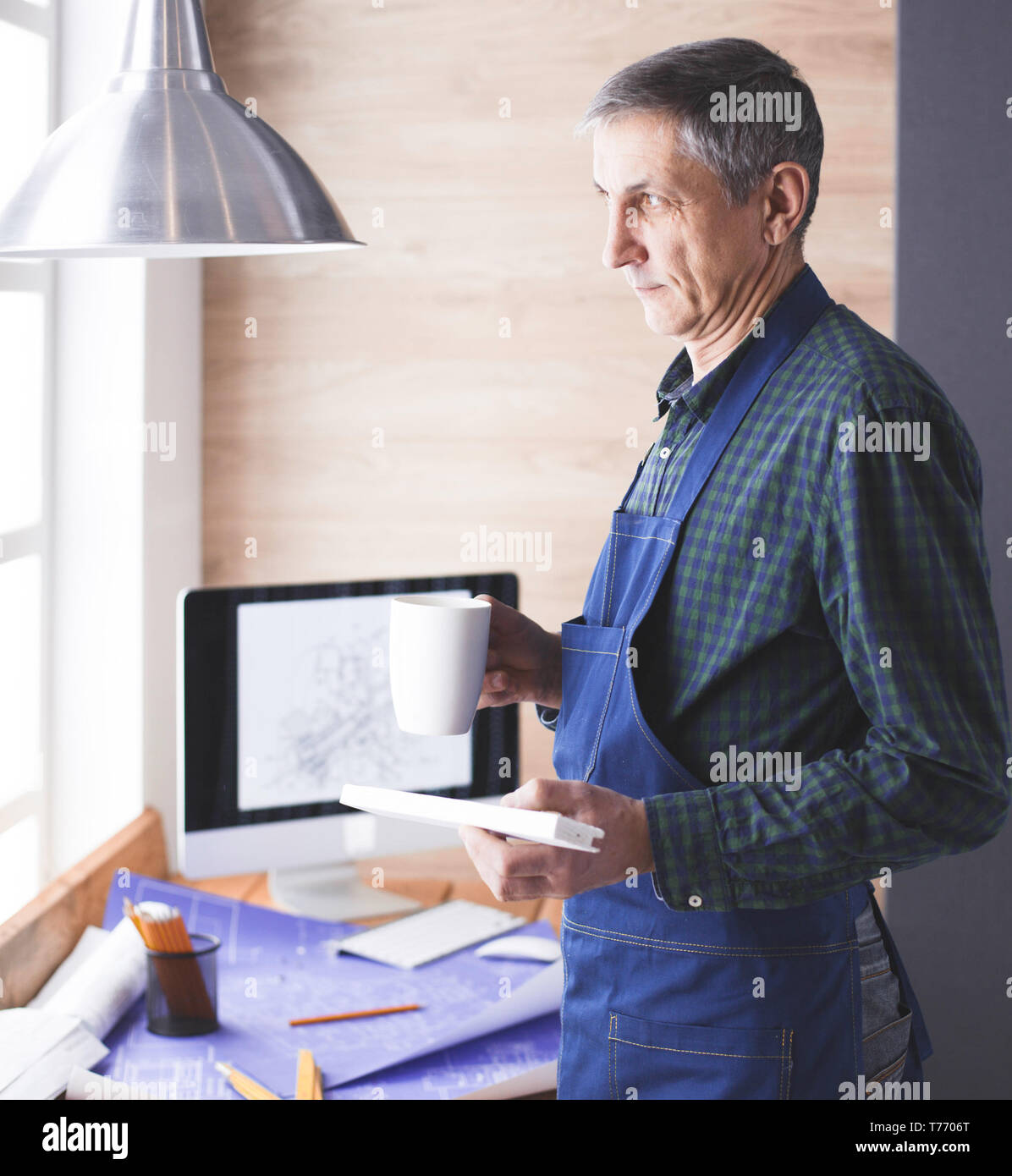 profession, carpentry, woodwork and people concept - carpenter testing ...