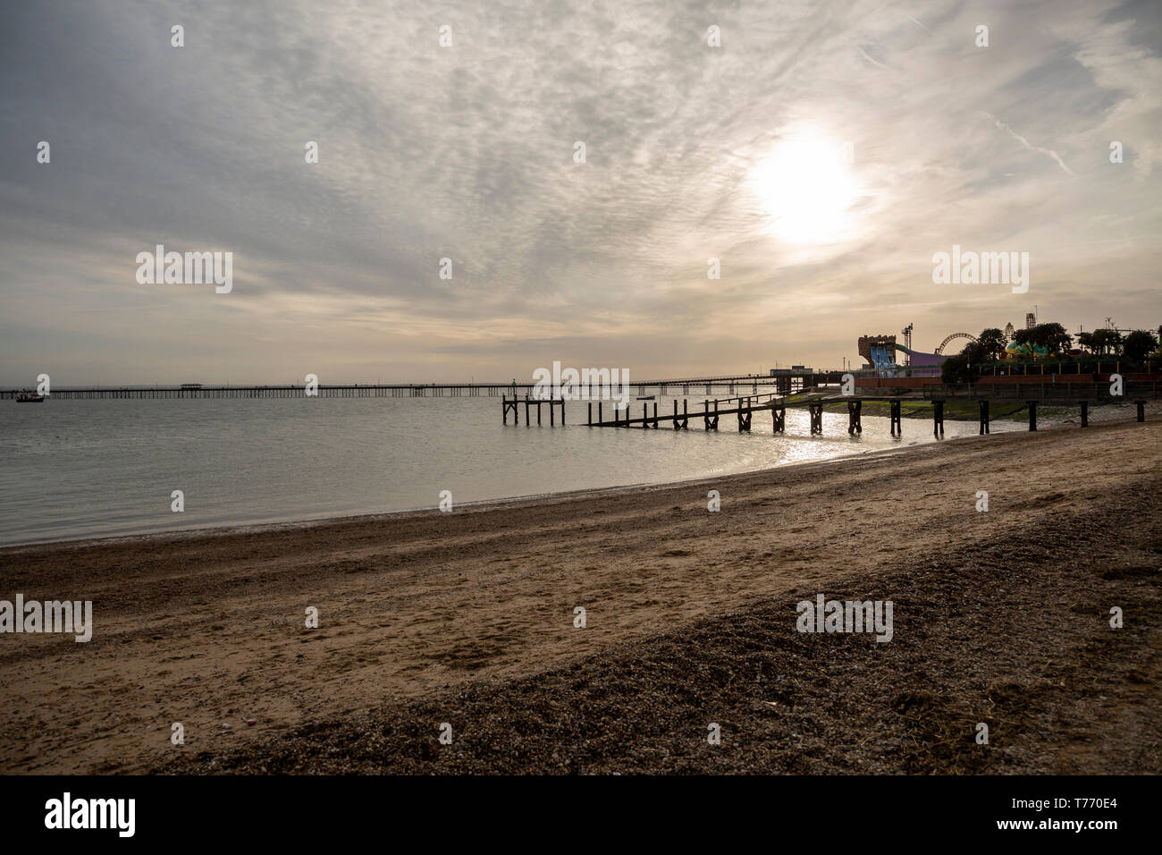 Southend-on-Sea March 2019, Essex, UK. Seafront against the sun and ...
