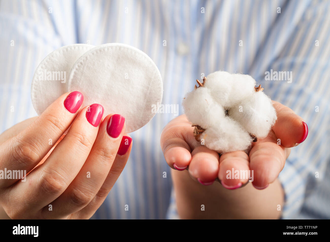 Fluffy cotton ball and cotton swabs and pads in hands Stock Photo - Alamy