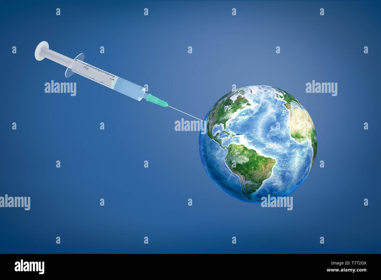 3d rendering of a huge syringe giving an injection to planet Earth on a ...