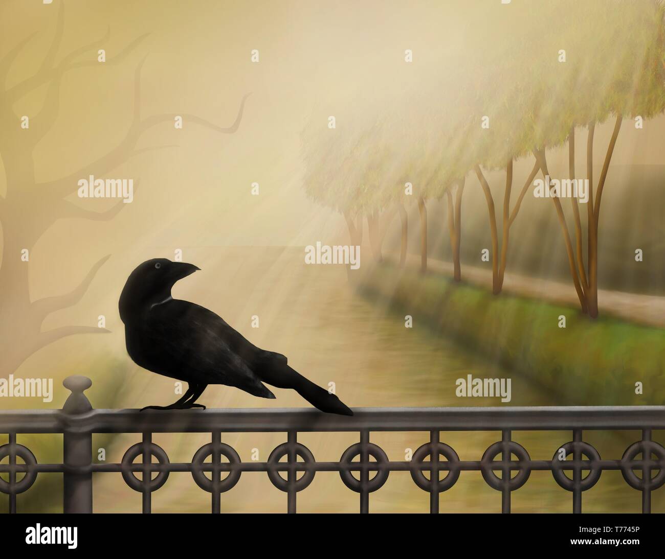 An illustration of a crow sitting on an iron railing over a bridge ...
