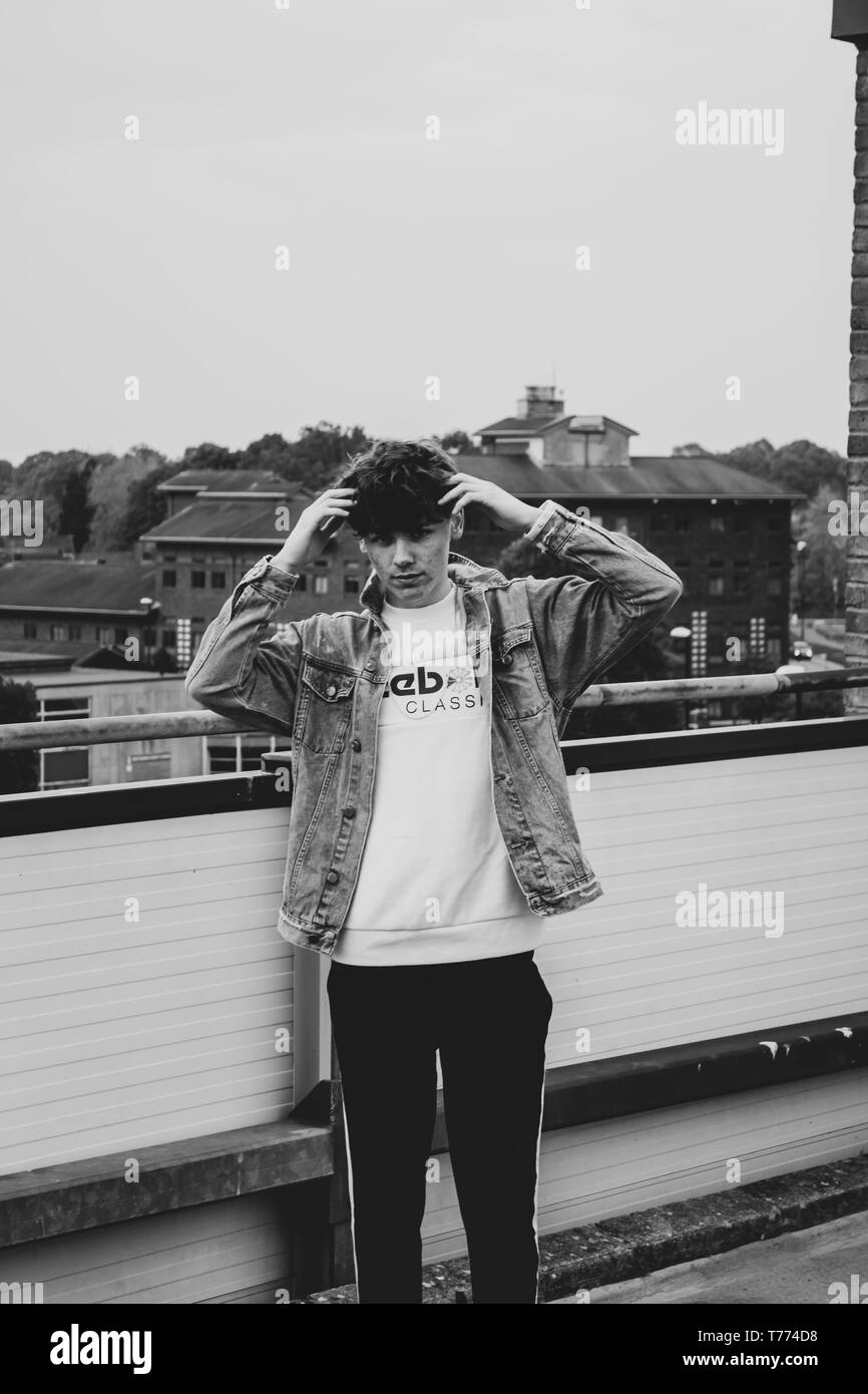 Denim jacket fashion Black and White Stock Photos & Images - Alamy