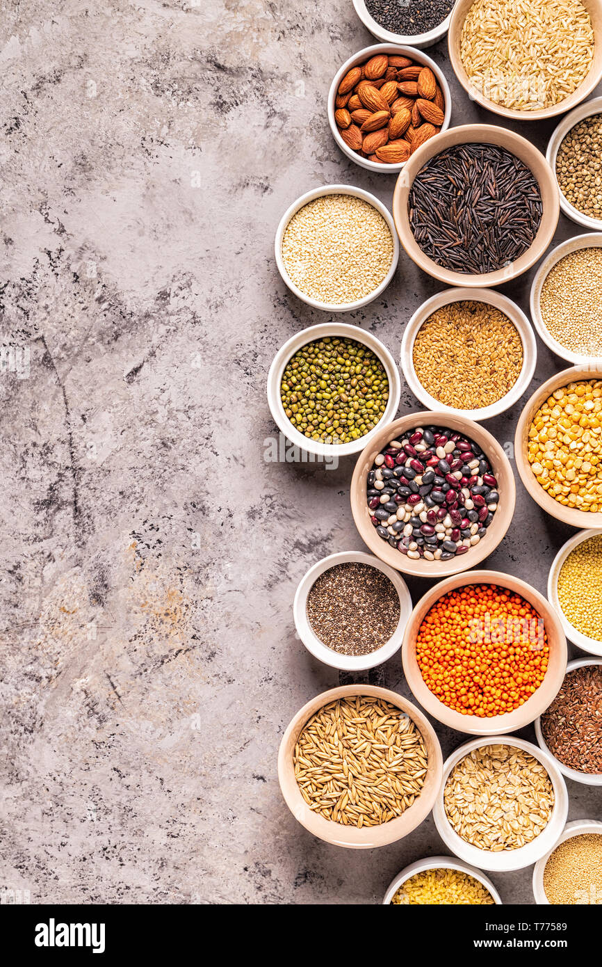 Set of different superfoods- whole grains, beans and legumes, seeds and ...