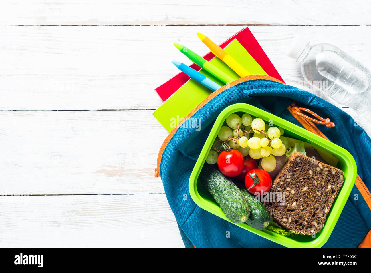 Back to school concept. Lunch box with stationery and backpack Stock ...
